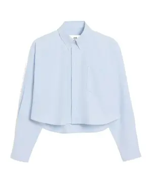 AMI Paris Cropped Button-down Shirt With De Coeur Embossing - Sky-blue