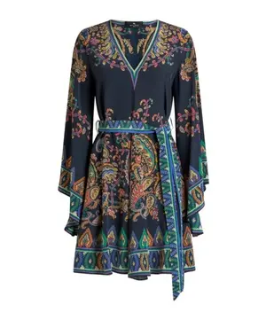 Etro Paisley-printed V-neck Long Sleeve Dress With Detachable Belt