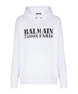 Balmain Logo Stamp Printed Hoodie - White