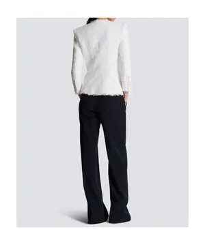 Balmain Long Sleeve Frayed Hem Tweed Jacket - White