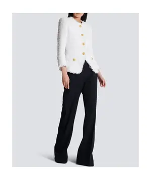 Balmain Long Sleeve Frayed Hem Tweed Jacket - White