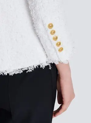 Balmain Long Sleeve Frayed Hem Tweed Jacket - White