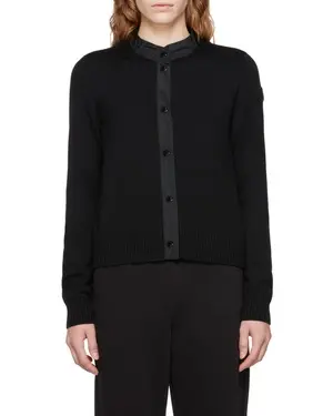 Moncler Wool Cardigan With Satin Accents - Black