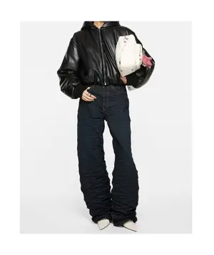 Acne Studios Hooded Leather Jacket With Pleated Hem