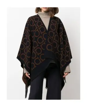 FERRAGAMO Logo Print Wool Silk Blend Cape