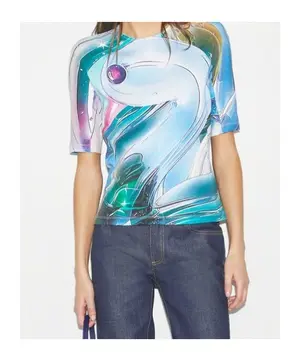 Tory Burch Printed Crewneck T-shirt With Sculpted Shoulder Pads - Blue
