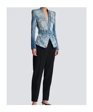 Balmain Belted Denim Jacket With Golden Metal Trims