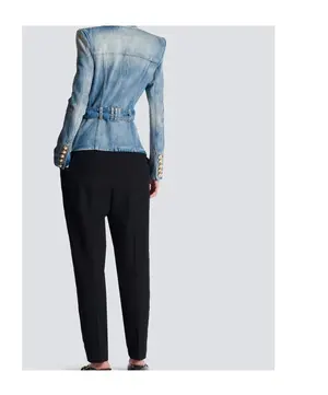 Balmain Belted Denim Jacket With Golden Metal Trims