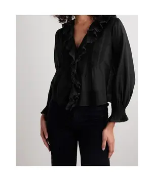 DÔEN Long Sleeve Lace Trimmed Shirt - Black