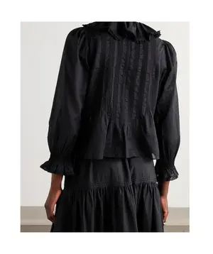 DÔEN Long Sleeve Lace Trimmed Shirt - Black