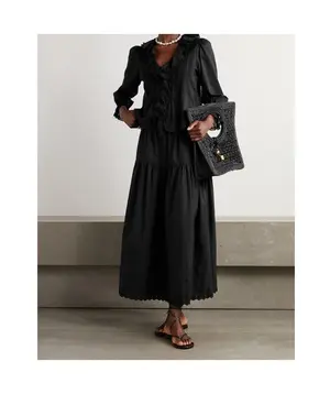 DÔEN Long Sleeve Lace Trimmed Shirt - Black