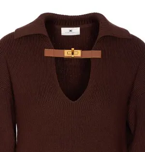 Elisabetta Franchi Ribbed Knit Polo-collar Jumper With Buckle Detail - Coffee