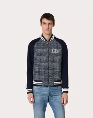 Valentino Garavani Logo Embroidered Zip-up Tweed Bomber Jacket