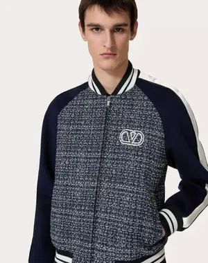 Valentino Garavani Logo Embroidered Zip-up Tweed Bomber Jacket