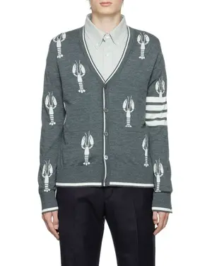 Thom Browne Lobster Intarsia Merino Wool V-neck Cardigan