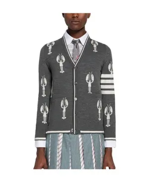 Thom Browne Lobster Intarsia Merino Wool V-neck Cardigan