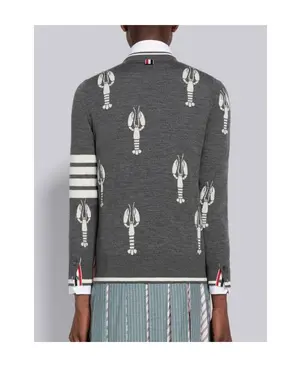 Thom Browne Lobster Intarsia Merino Wool V-neck Cardigan