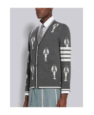 Thom Browne Lobster Intarsia Merino Wool V-neck Cardigan