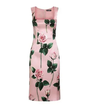 Dolce & Gabbana Sleeveless Floral Print Square Neck Midi Dress - Pink