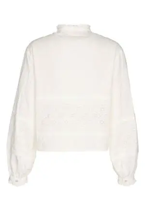 Celine Embroidered Linen Cotton Shirt With Ruffle Trim