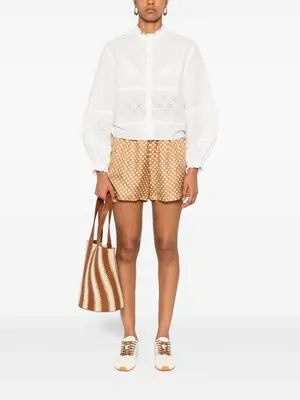 Celine Embroidered Linen Cotton Shirt With Ruffle Trim