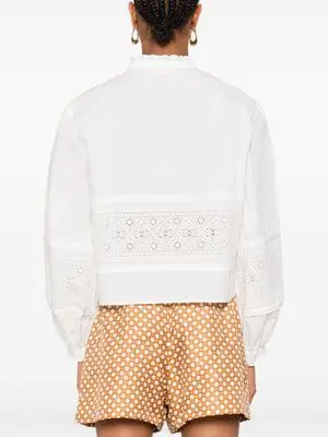 Celine Embroidered Linen Cotton Shirt With Ruffle Trim