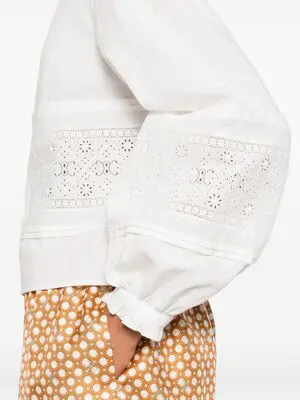Celine Embroidered Linen Cotton Shirt With Ruffle Trim