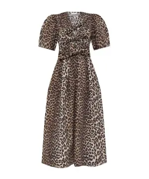GANNI Leopard Print Bow Detail Midi Dress - Brown
