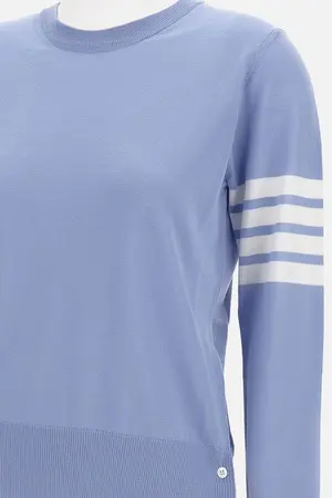 Thom Browne Crew Neck Wool Sweater With Signature Stripes - Blue