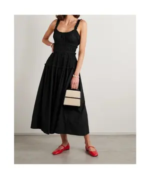 DÔEN Shirred Scoop-neck Dress With Ruffled Straps - Black