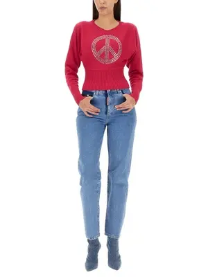 Moschino Embellished Peace Sign Knit Sweater - Red