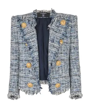 Balmain 8-button Cropped Tweed Jacket - Blue