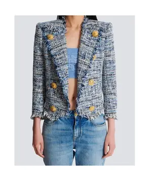 Balmain 8-button Cropped Tweed Jacket - Blue