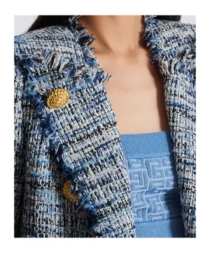 Balmain 8-button Cropped Tweed Jacket - Blue