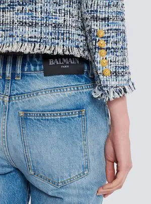 Balmain 8-button Cropped Tweed Jacket - Blue