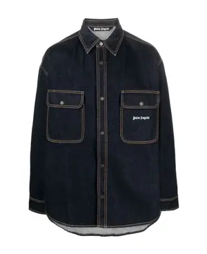 Palm Angels Logo Embroidered Denim Shirt