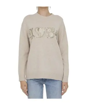 Max Mara Crewneck Knitted Jumper With Embellished Numbers - Beige