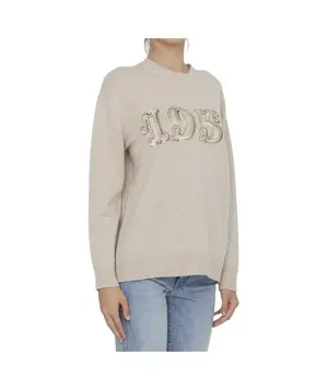 Max Mara Crewneck Knitted Jumper With Embellished Numbers - Beige