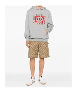 Gucci Logo Printed Drawstring Hoodie - Grey