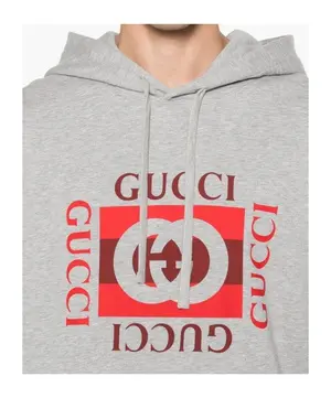 Gucci Logo Printed Drawstring Hoodie - Grey