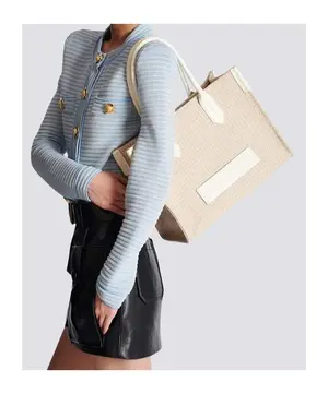 Balmain B-army 36 Monogrammed Canvas Jacquard And Leather Tote Bag - Beige