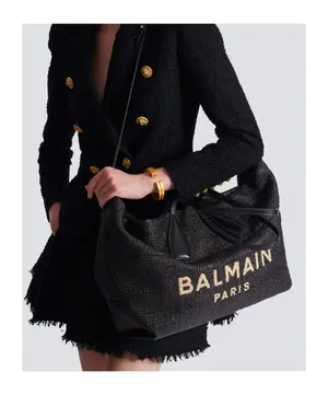 Balmain Raffia And Calfskin Track Tote Bag