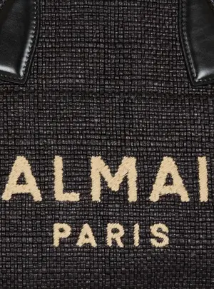 Balmain Raffia And Calfskin Track Tote Bag