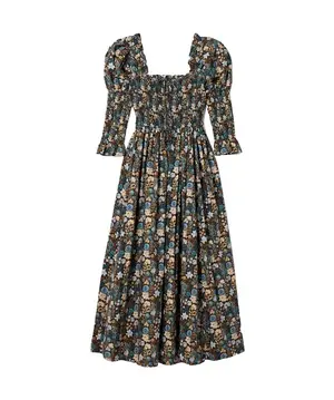 DÔEN Floral Square Neck Midi Dress - Black