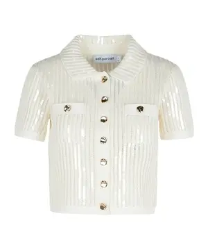 SELF-PORTRAIT Sequined Crochet Cropped Cardigan - White
