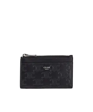 Celine Zipped Card Holder In Calfskin With Triomphe Embossed - Black