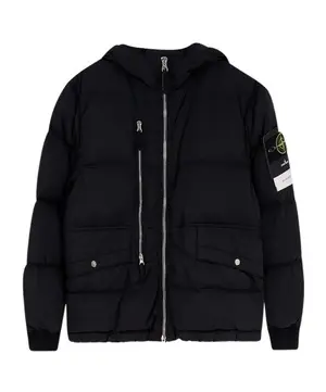 Stone Island Logo Patch Zip Up Hooded Jacket - Black