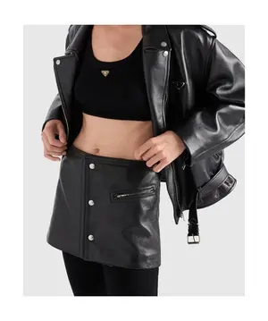 Prada Leather Mini Skirt With Snap Front Closure