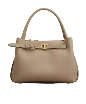 TOD'S T-plaque Belt Detail Calfskin Leather Tote Bag - Beige
