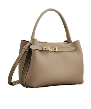 TOD'S T-plaque Belt Detail Calfskin Leather Tote Bag - Beige
